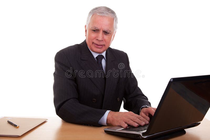 Elderly Old Man Using Laptop Computer Sitting at Table Stock Photo ...