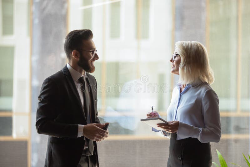 Mature Businesswoman Discussing Project Strategy With Colleague Stock