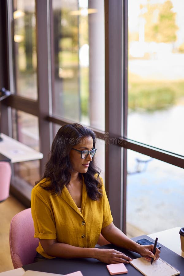 Mature Businesswoman Working at Desk in Office Writing in Notebook ...