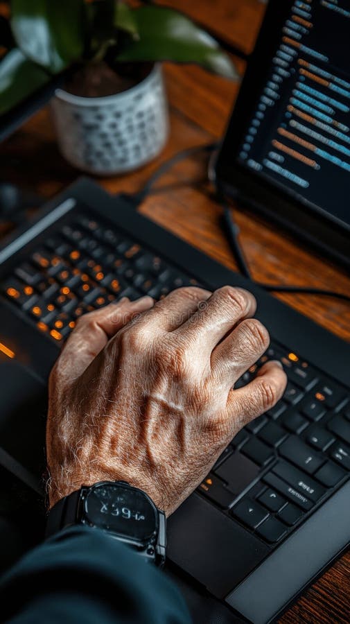 Mature Caucasian Male Hand on Keyboard in Tech Workspace. Explore Your ...