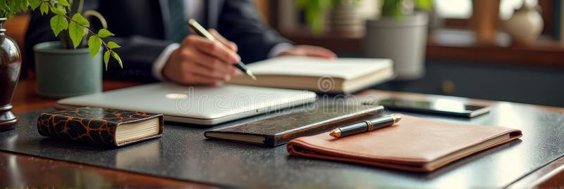 Mature Caucasian Male in Office Setting Writing at Desk with Laptop and ...