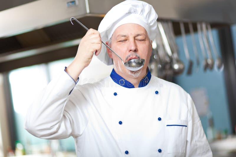 Mature chef tasting soup stock image. Image of people - 30419227