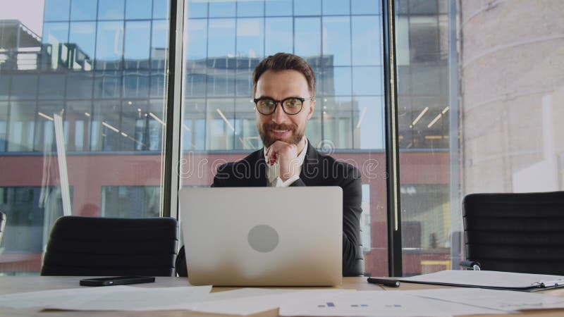 Mature Concentrated Businessman Trader Working Looking At Laptop