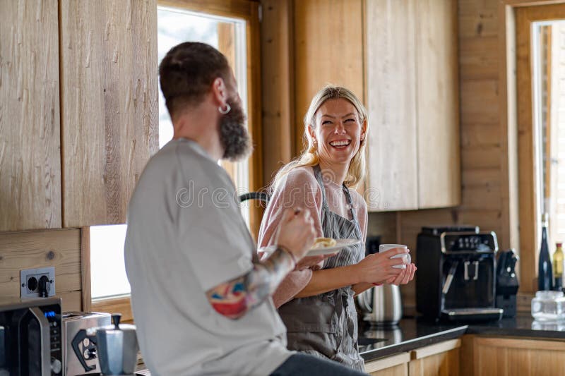 Mature Couple Having Romantic Moment in Kitchen, Preparing Breakfast ...