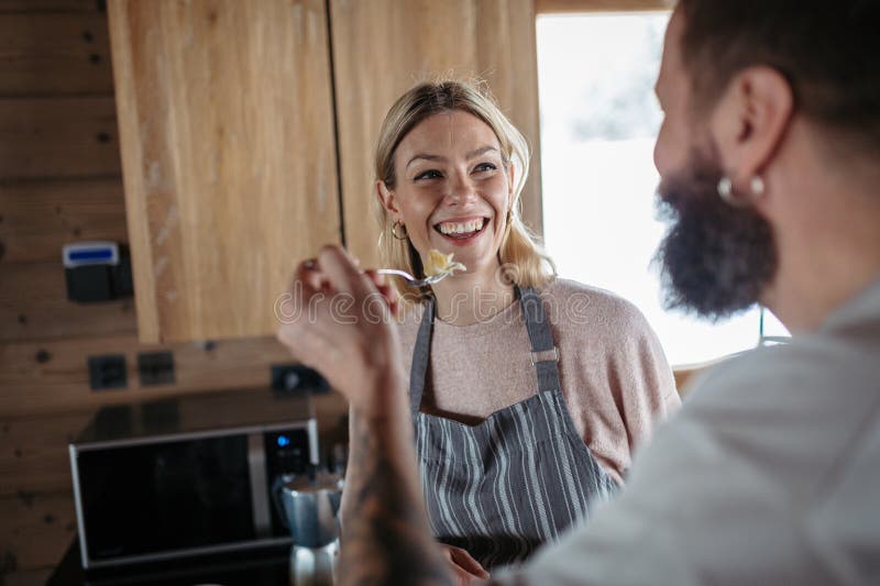 Mature Couple Having Romantic Moment in Kitchen, Preparing Breakfast ...