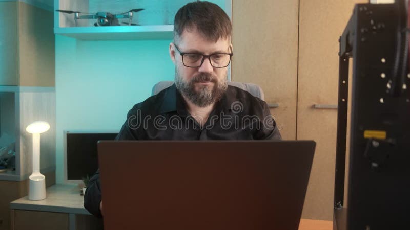 Mature Developer Serious Man is Using Laptop Typing in Office, 3d ...