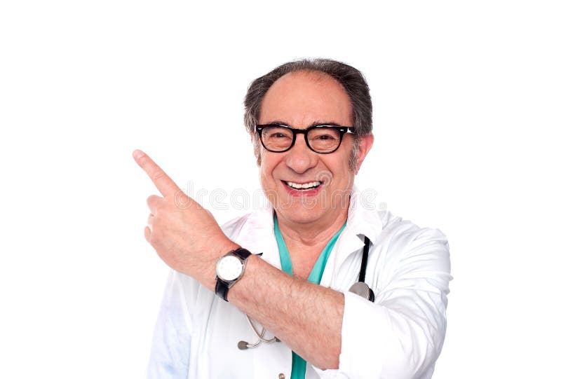 Mature Doctor Pointing Upwards and Away Stock Image - Image of career ...