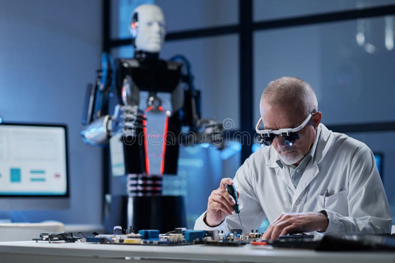 Engineer Working with Computer Board of Robot Stock Image - Image of ...