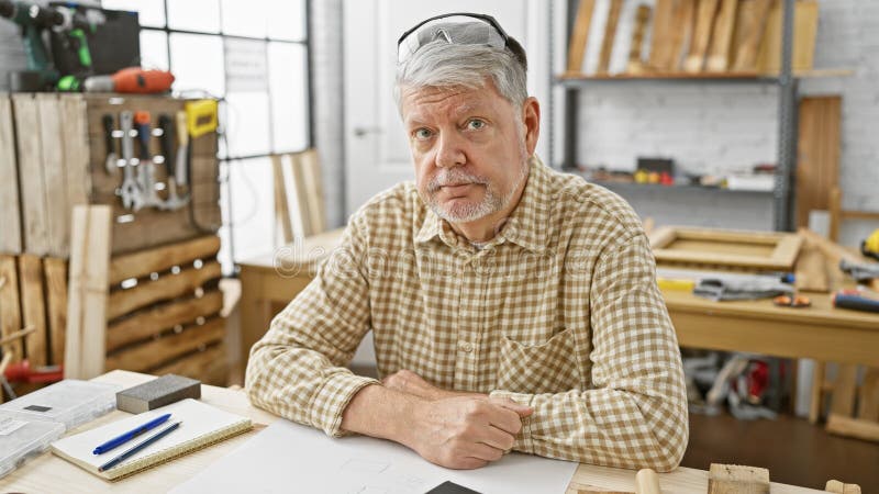 Mature Grey-haired Man Planning in a Well-equipped Carpentry Workshop ...