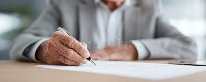 Mature Hand Signing Official Document with a Pen. Symbolizes Authority ...