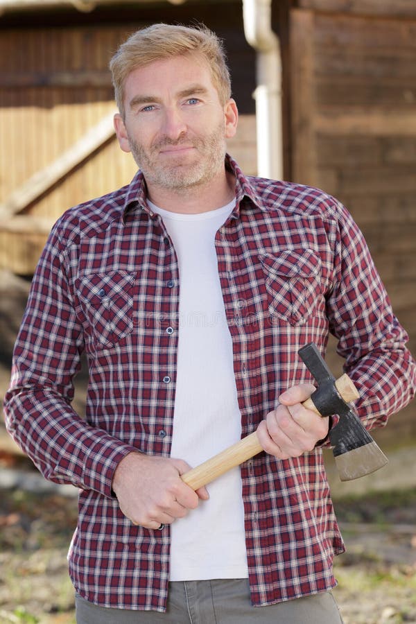 Mature Happy Caucasian Man Holding Axe Stock Photo - Image of lumber ...