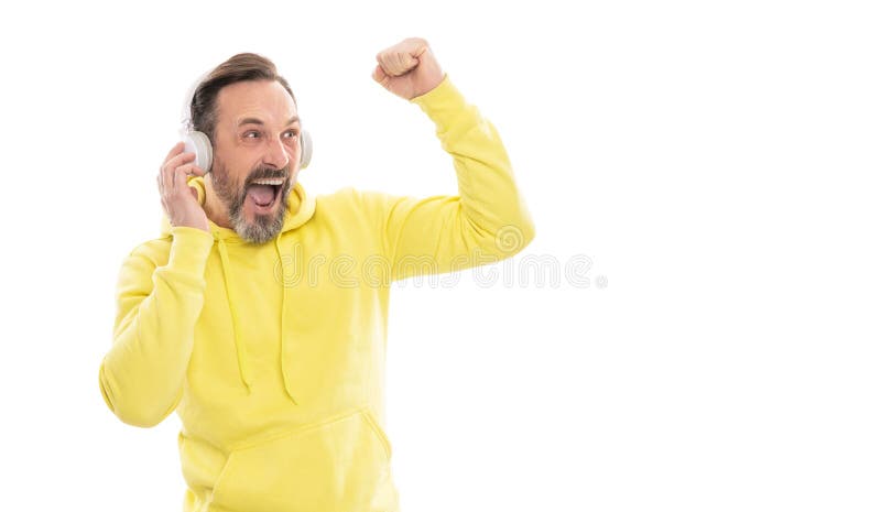 Mature Happy Man In Headphones Smiling Senior Guy Listen To Music