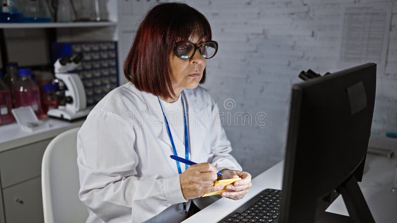 A Mature Hispanic Woman Attentively Works at a Computer in a Laboratory ...
