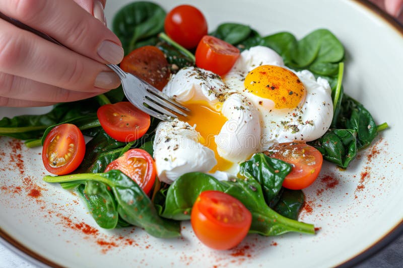 Mature Individual Eating Poached Eggs with Spinach and Tomatoes Stock ...