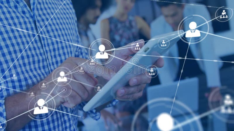 Mature Male Tapping Tablet at Conference Table and Visualizing ...