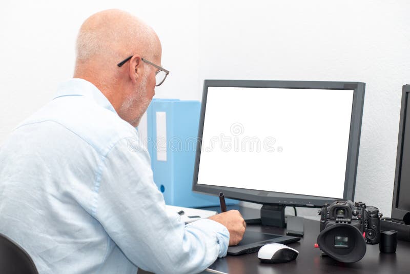 Mature Man Designer Using Graphics Tablet for Video Editing Stock Image ...