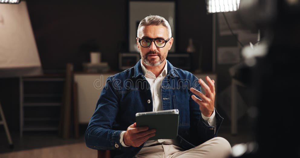 Mature Man, Discussion or Online Interview with Tablet for Tutorial or ...