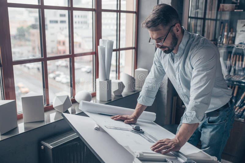 Mature Man at Work in the Studio Stock Photo - Image of architectural ...