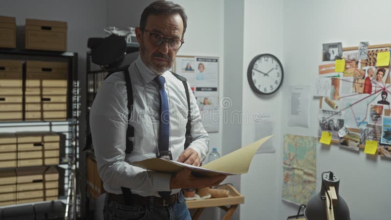 A Mature Man Examines Documents in a Detective S Office with Evidence ...