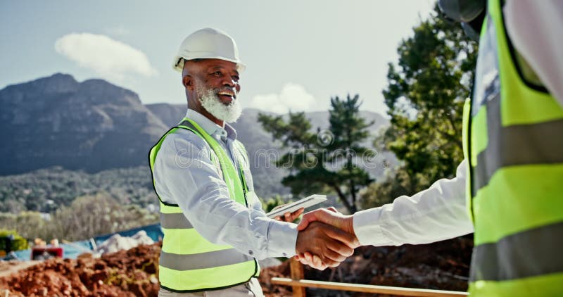 Mature Man, Handshake and Tablet on Construction Site for Welcome and ...