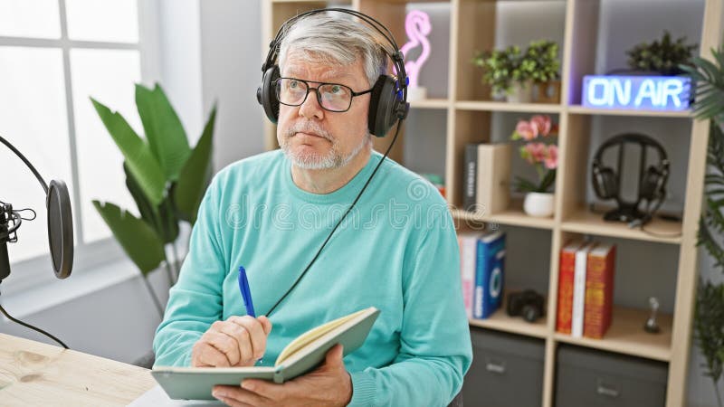 Mature Man with Headphones in Radio Studio Taking Notes while ...