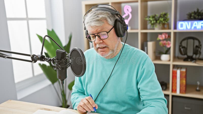 Mature Man with Headphones Speaking into Microphone in a Bright Radio ...
