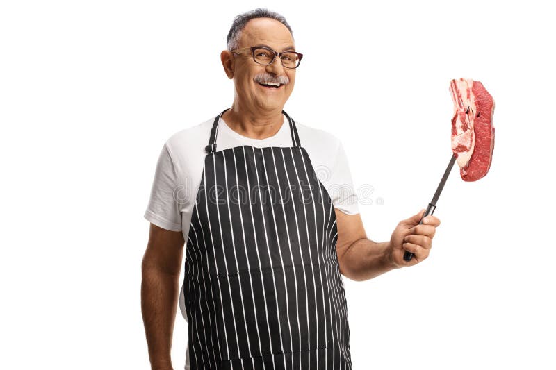Mature Man Holding a Raw Steak with a Fork Stock Photo - Image of male ...