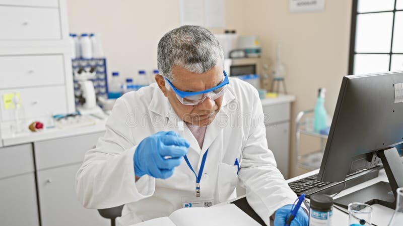 A Mature Man in a Lab Coat Conducts Research in a Medical Laboratory ...