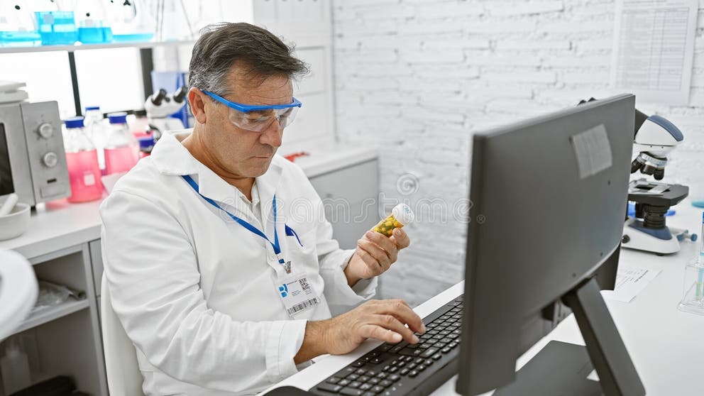 Mature Man in Lab Coat Examines Medication Bottle in Bright Laboratory while Using Computer ...