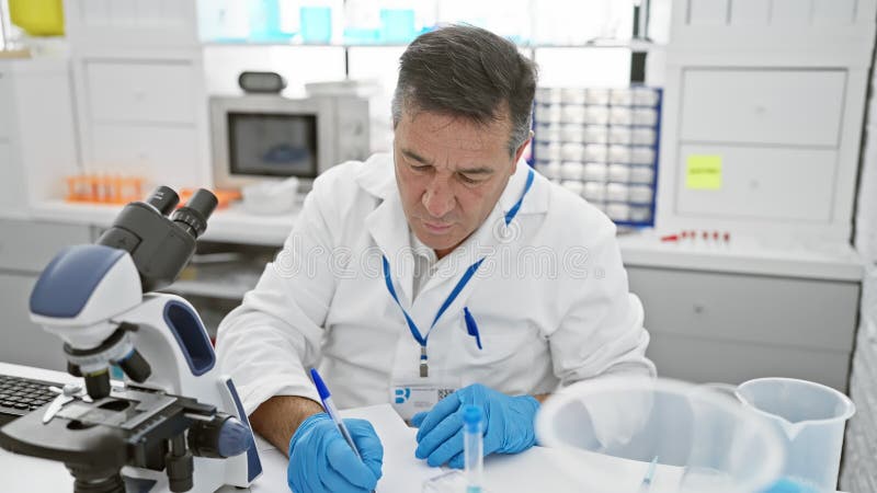 A Mature Man in a Lab Coat Examines Vials in a Bright Laboratory, Using ...