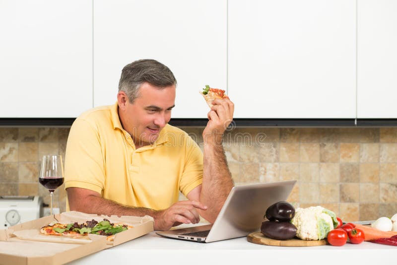 Mature Man with Laptop in the Kitchen Stock Photo - Image of senior ...