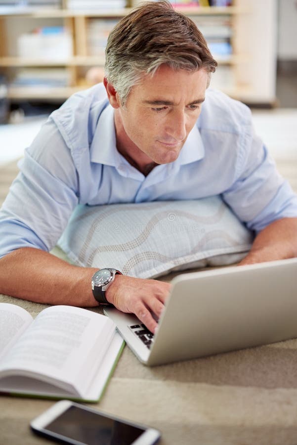 Mature, Man and Laptop with Notebook on Floor in Home for Online Course ...
