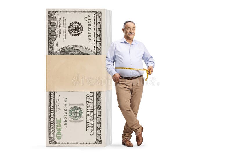 Mature Man Leaning on a Stack of Money and Measuring Waste with a Tape ...