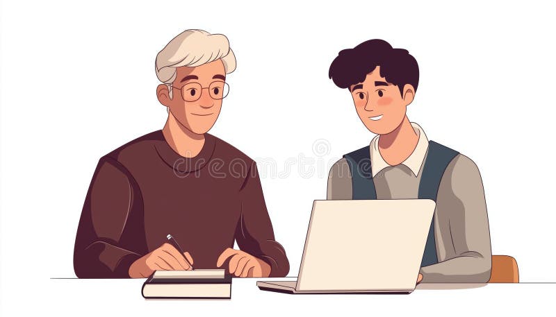 Mature Man Professor Helping High School Student with Laptop in ...