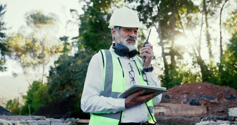 Mature, Man and Radio with Tablet Outdoor with Foreman for Instructions ...