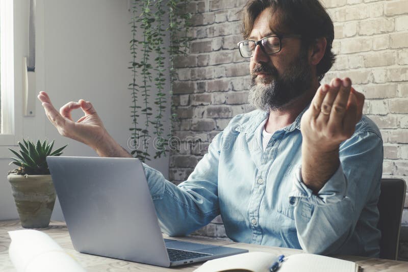 Mature Man Relaxing after Work on Computer. Overwork and Healthy ...