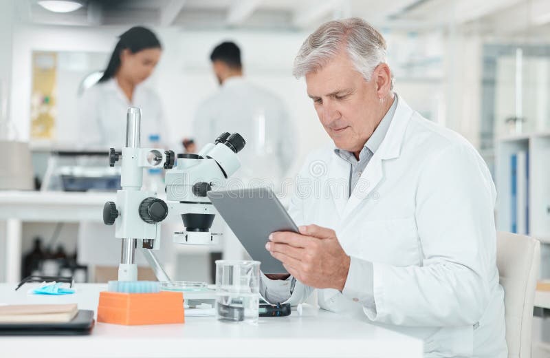 Mature Man, Scientist and Tablet in Laboratory for Reading, Study and ...