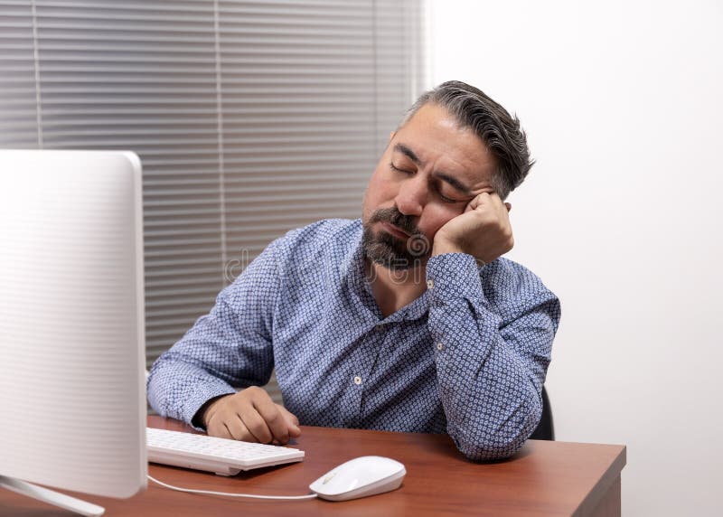 Mature Man Sleeping Tired while Using Computer Stock Image - Image of ...
