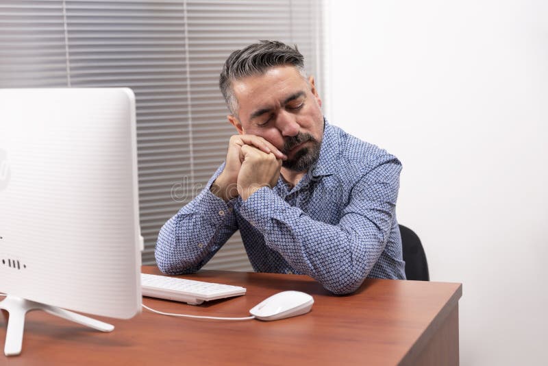 Mature Man Sleeping Tired while Using Computer Stock Photo - Image of ...