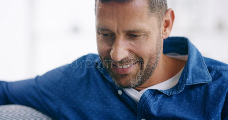 Mature Man, Smile and Thinking on Sofa of Happy Memory, Remember and ...