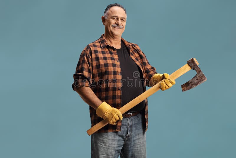 Mature Man Smiling and Holding an Axe Stock Image - Image of split ...
