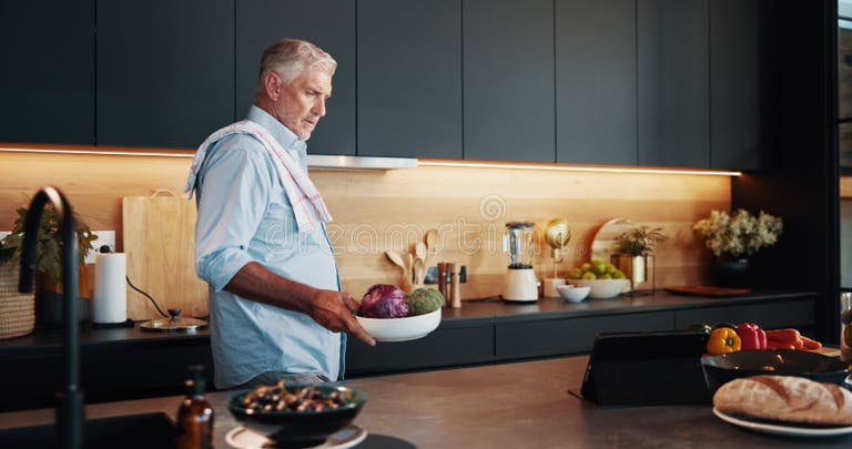 Mature Man, Tablet and Meal Prep with Recipe Tutorial, Dinner Method or ...