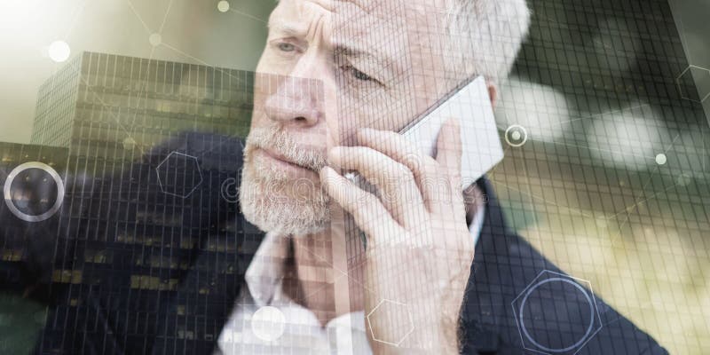 Mature Man Using His Mobile Phone, Light Effect, Double Exposure ...