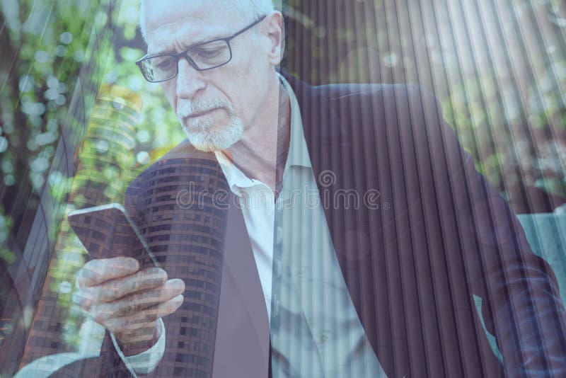 Mature Man Using His Mobile Phone, Light Effect, Double Exposure Stock ...