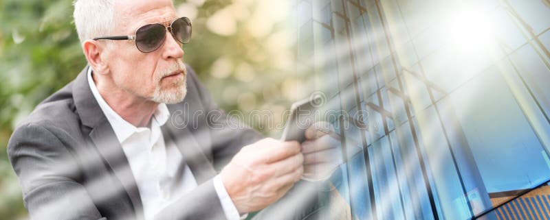 Mature Man Using His Mobile Phone, Light Effect; Multiple Exposure ...