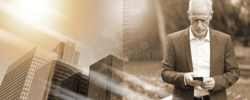 Mature Man Using His Mobile Phone, Light Effect; Multiple Exposure ...