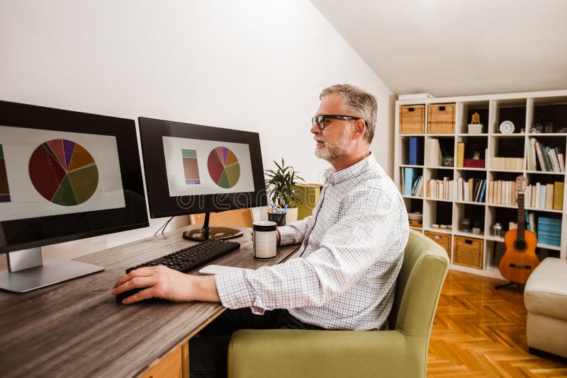 Man Working from Home Office Using Computer Stock Photo - Image of ...