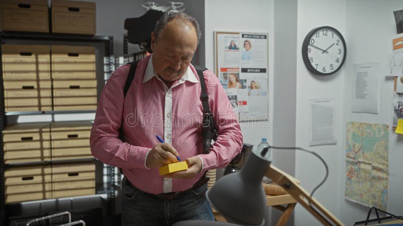 Mature Man Writing on Notepad in a Cluttered Detective Office with Maps ...