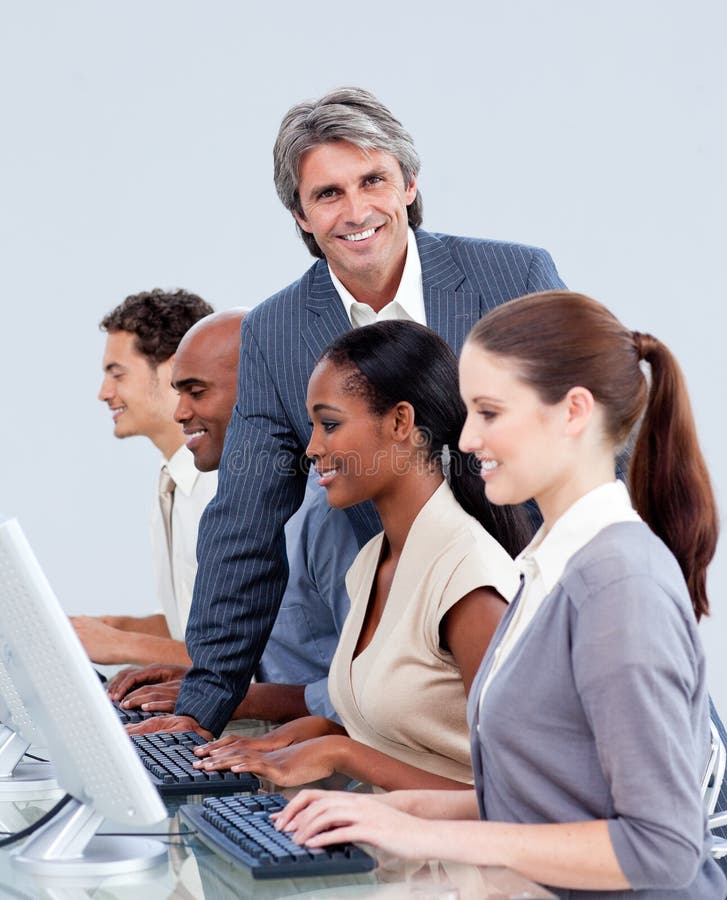 Mature Manager Checking His Team S Work Stock Image - Image of group ...