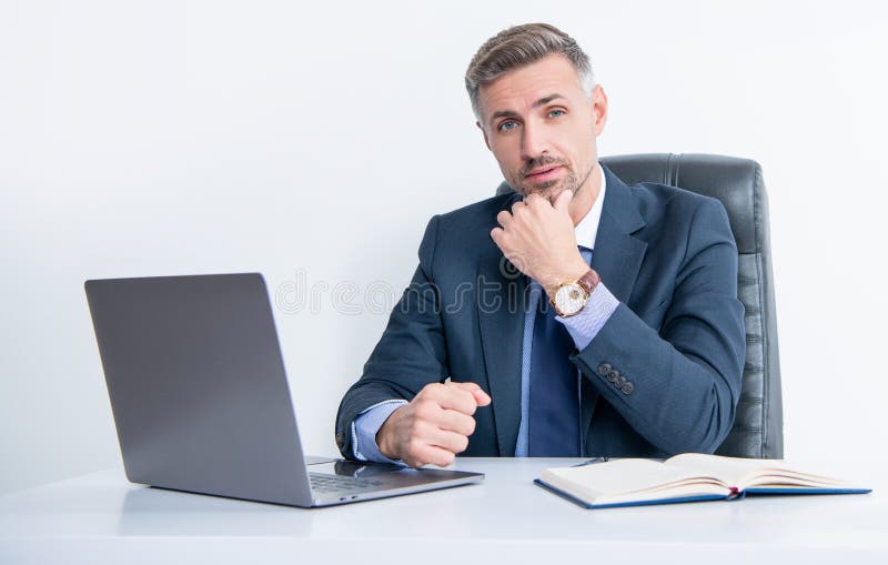 Mature Office Worker with Laptop at the Table Stock Photo - Image of ...